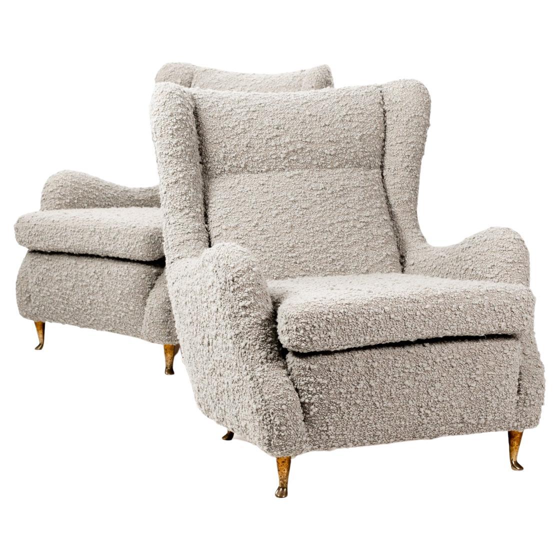 Pair of Italian Mid-Century Armchairs Grey Boucle Fabric by Carlo de ...