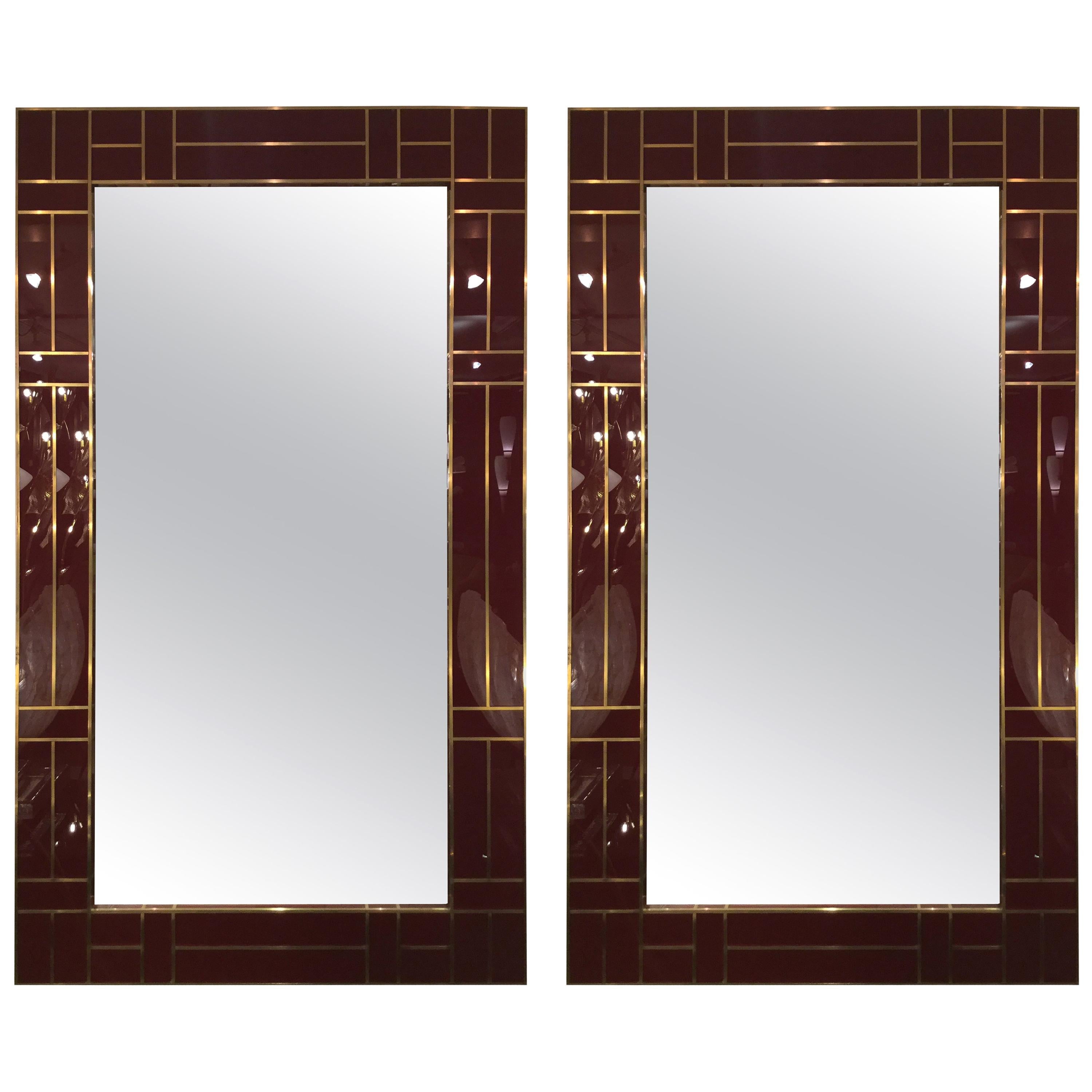 Pair of Italian Mirror in Bordeaux Venetian Glass with Brass Details ...