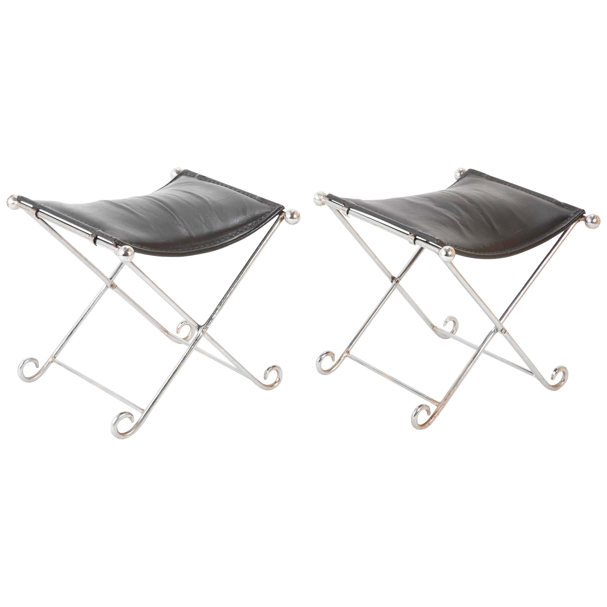 Pair of Italian Modern Chromed Iron X Stools with Black Leather ...