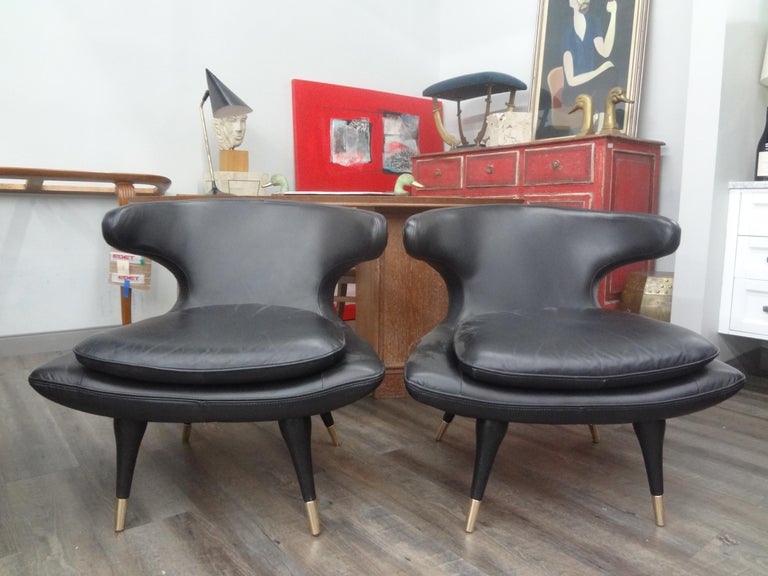 Pair of Italian Modern Curved Back Chairs Upholstered in Black Leather ...