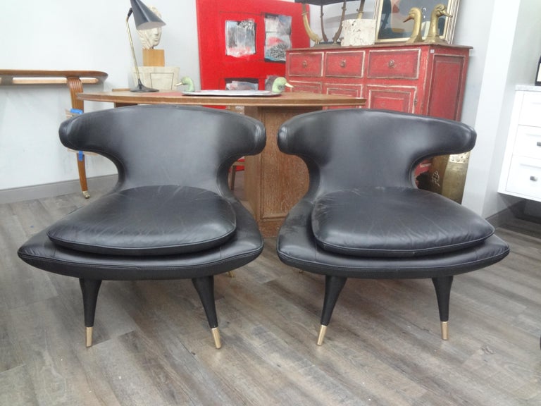 Pair of Italian Modern Curved Back Chairs Upholstered in Black Leather ...
