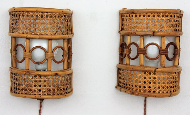 Rattan and Woven Wicker Italian Modern Wall Sconces, Pair at 1stDibs