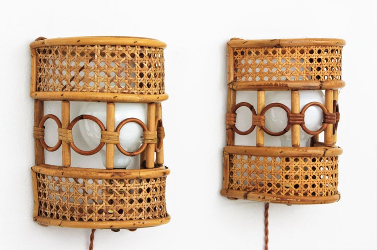 Rattan and Woven Wicker Italian Modern Wall Sconces, Pair at 1stDibs