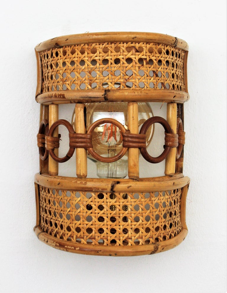 Rattan and Woven Wicker Italian Modern Wall Sconces, Pair at 1stDibs