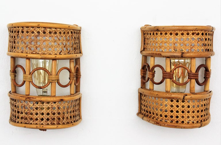Rattan and Woven Wicker Italian Modern Wall Sconces, Pair at 1stDibs