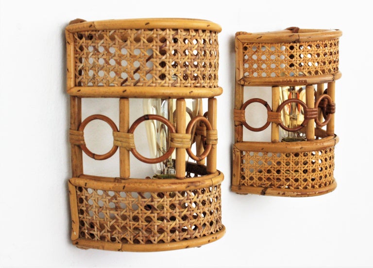 Rattan and Woven Wicker Italian Modern Wall Sconces, Pair at 1stDibs