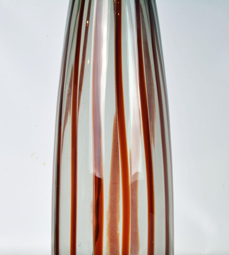 Pair of Italian Murano Red Striped Glass Lamps with Shades Signed by ...