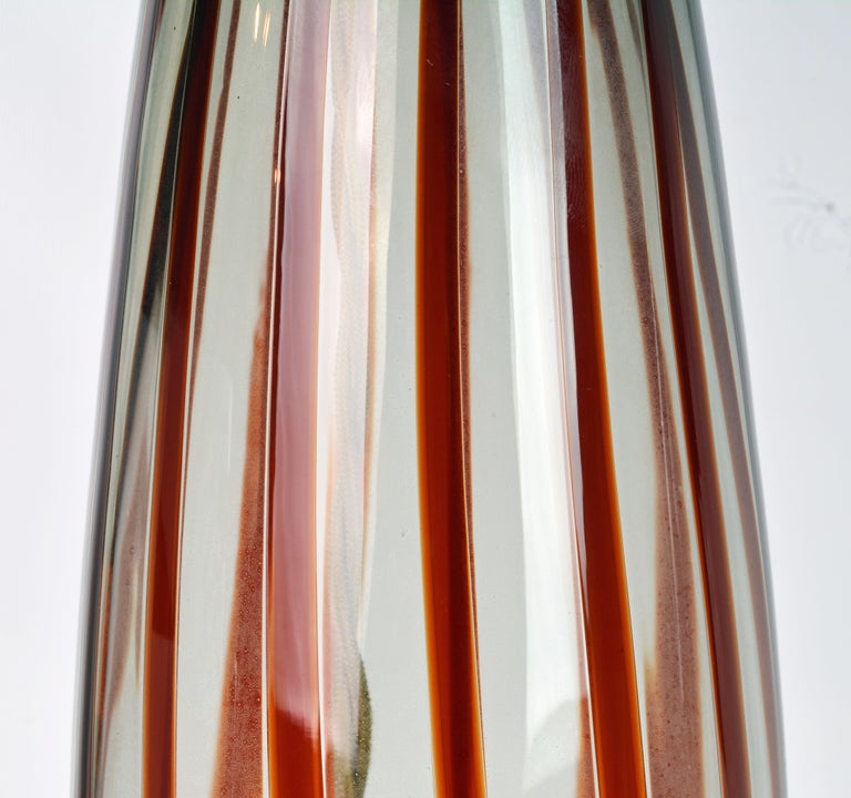 Pair of Italian Murano Red Striped Glass Lamps with Shades Signed by ...