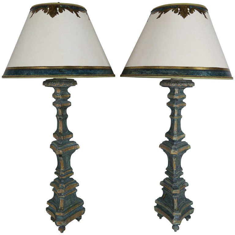 Pair of Italian Painted Candlestick Lamps with Parchment Shades at 1stDibs