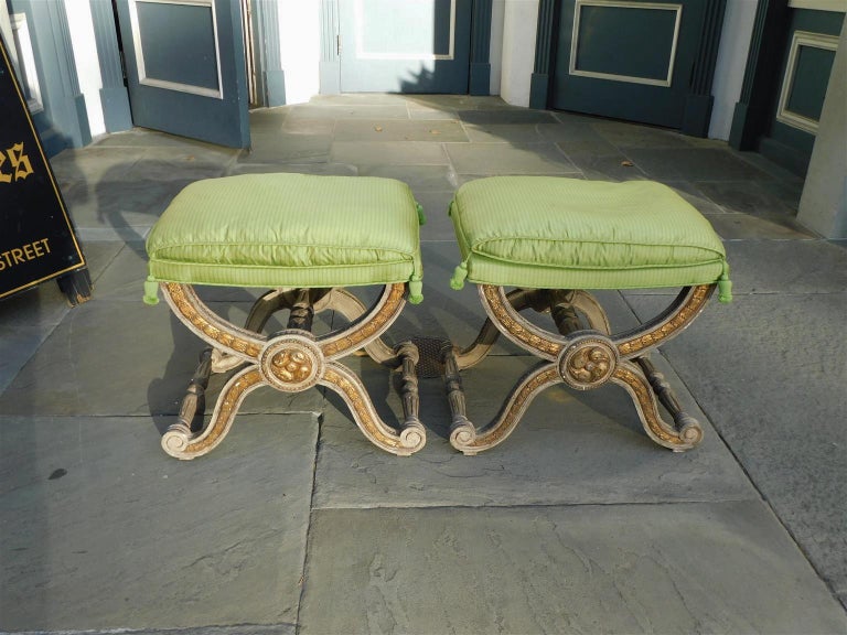 Pair of Italian Painted and Gilt Wood Foliate Upholstered Curule Stools ...
