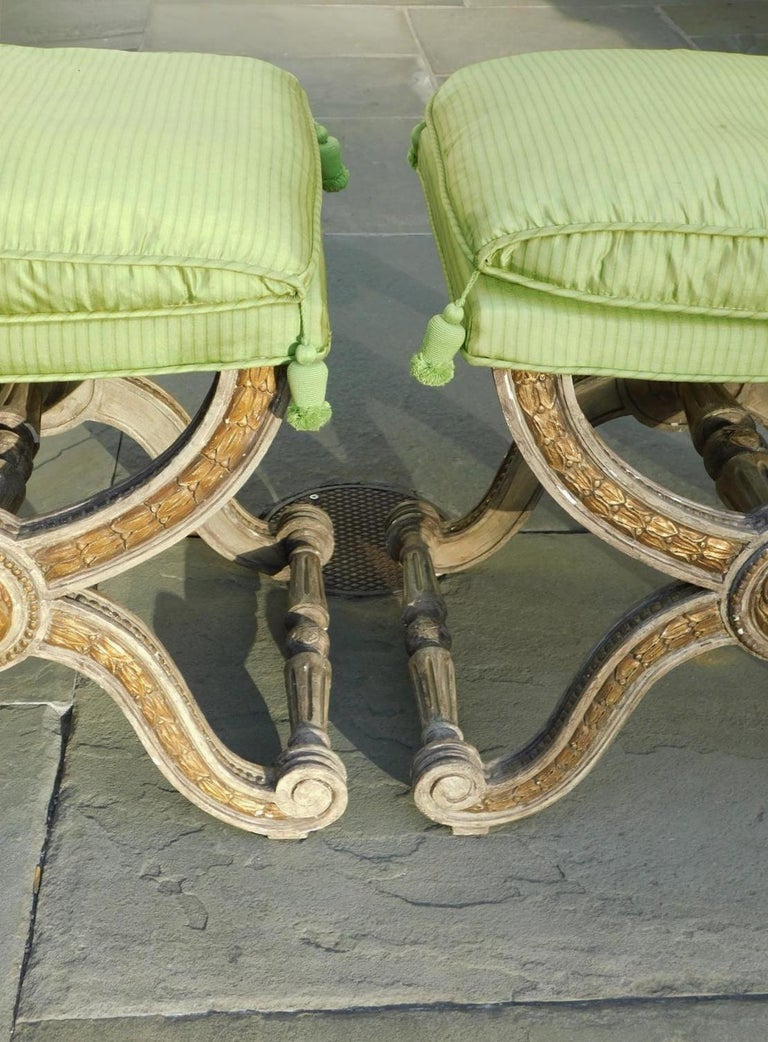 Pair of Italian Painted and Gilt Wood Foliate Upholstered Curule Stools ...