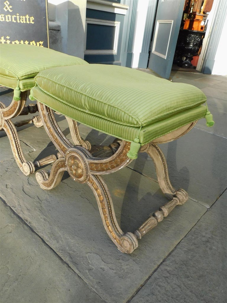 Pair of Italian Painted and Gilt Wood Foliate Upholstered Curule Stools ...