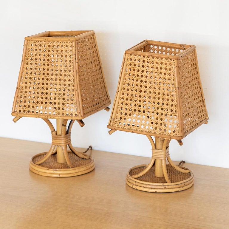 Pair of Italian Rattan and Cane Lamps For Sale at 1stDibs