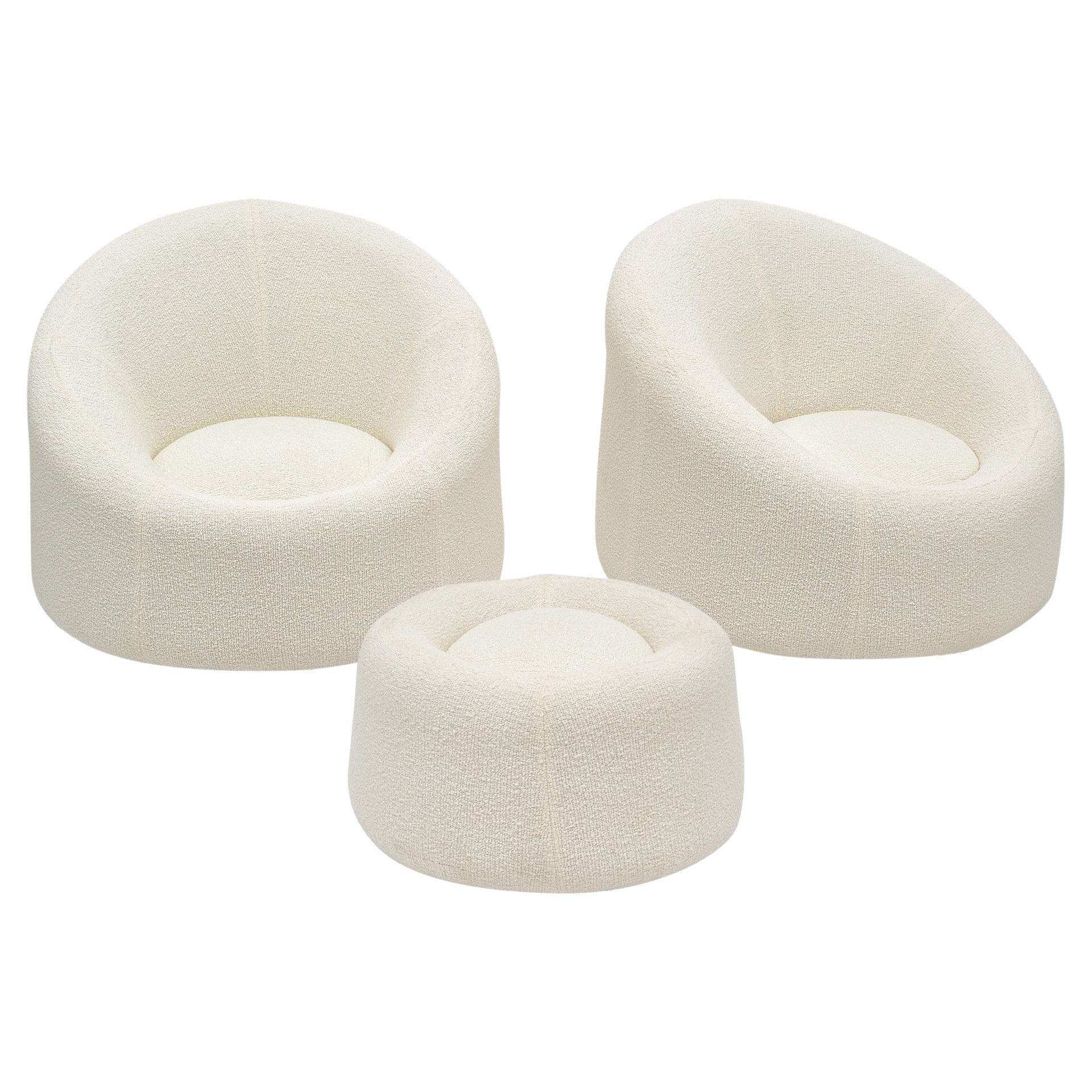 Pair of Italian Round Chairs and Ottoman For Sale at 1stDibs