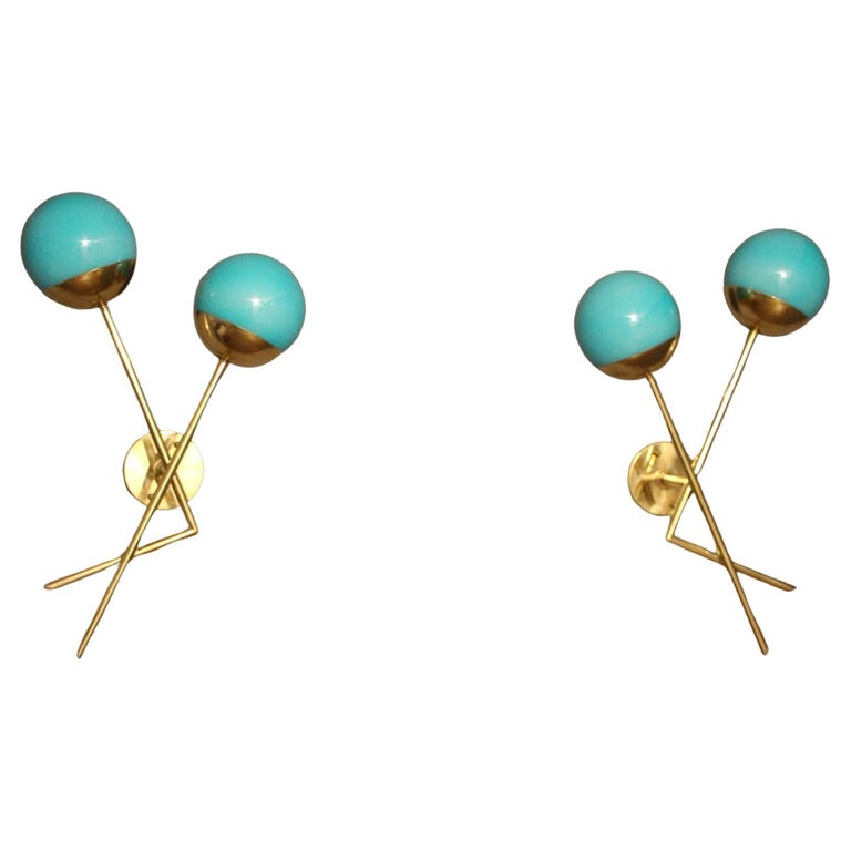 Pair of Sconces in Turquoise Blue Murano Glass and Brass, Blue Wall ...