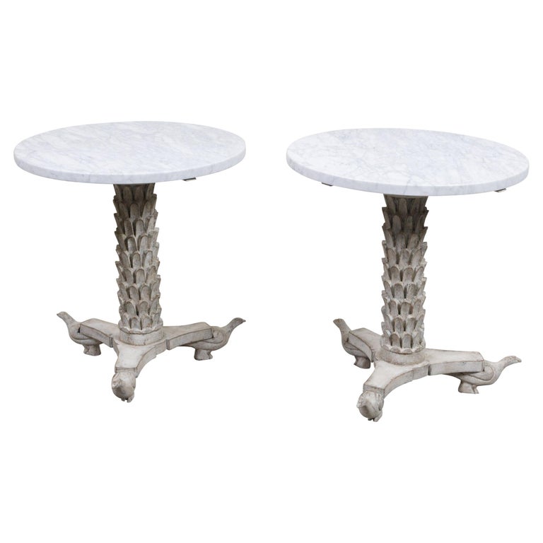 Pair of Italian Side Tables with White Marble Tops and Carved Palm Tree ...