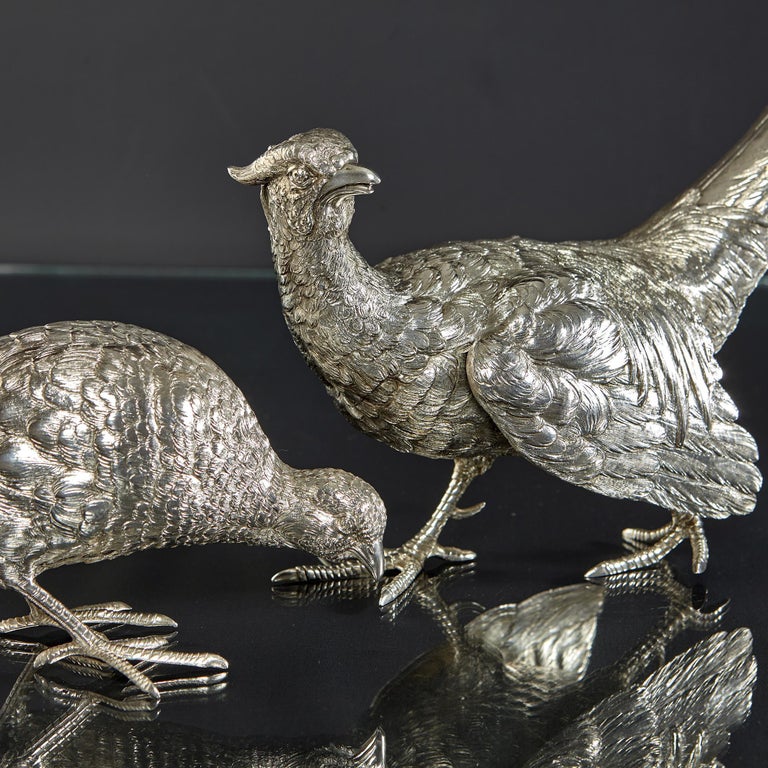 Pair of Italian Silver Pheasant Models, circa 1950 For Sale at 1stDibs