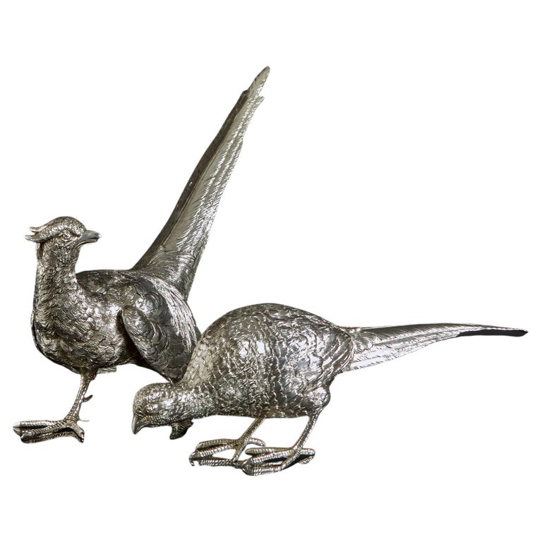 Pair of Italian Silver Pheasant Models, circa 1950 For Sale at 1stDibs