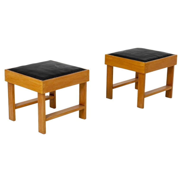 Pair of Italian Stools Attr. to BBPR in Wood and Black Leather For Sale ...