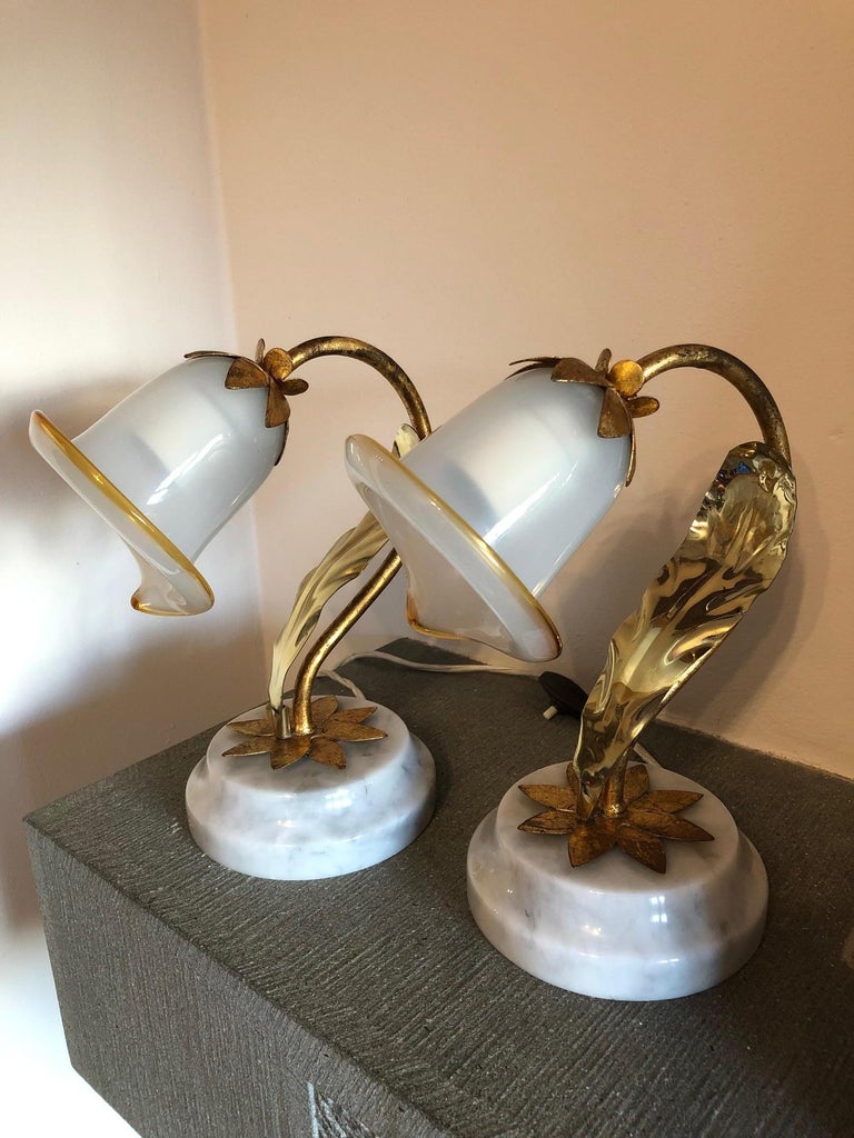 Pair of Italian Table Lamps with Carrara Marble Base For Sale at 1stDibs