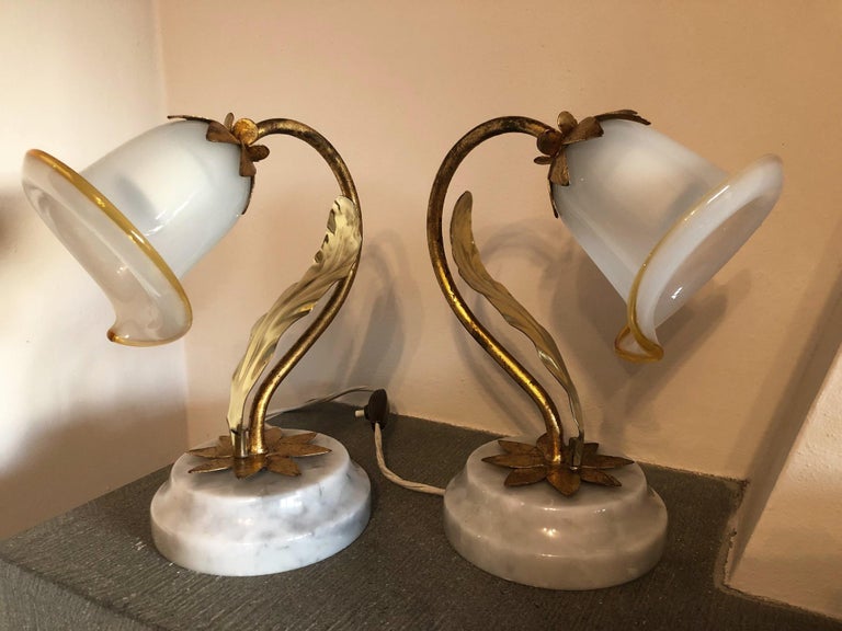 Pair of Italian Table Lamps with Carrara Marble Base For Sale at 1stDibs