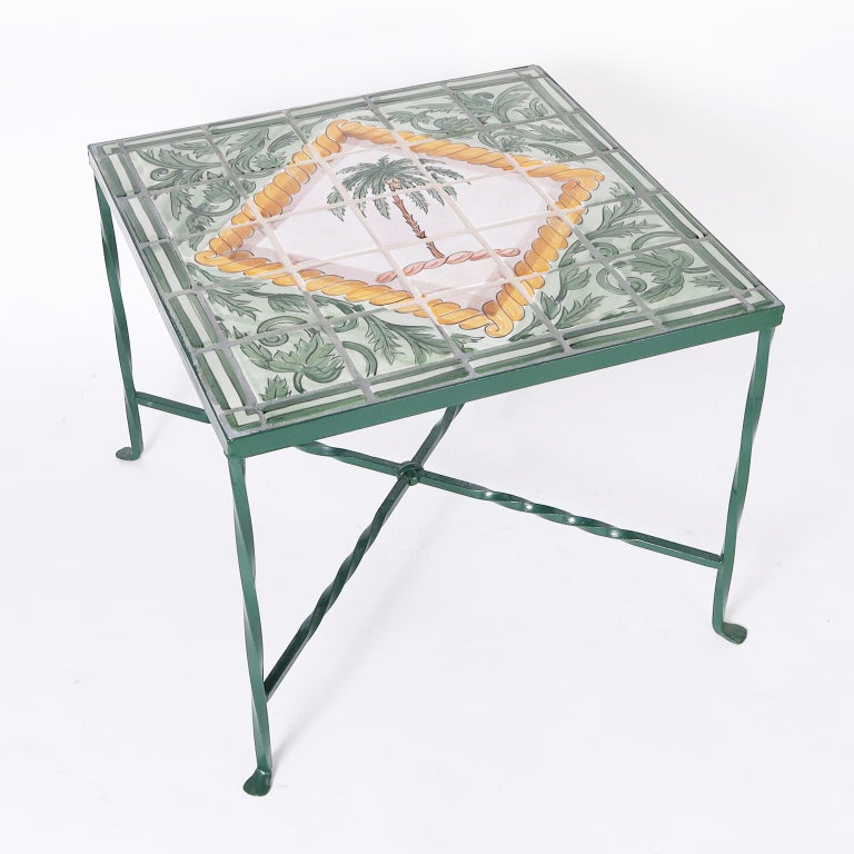 Pair of Italian Tile Top Tables with Palm Trees For Sale at 1stDibs