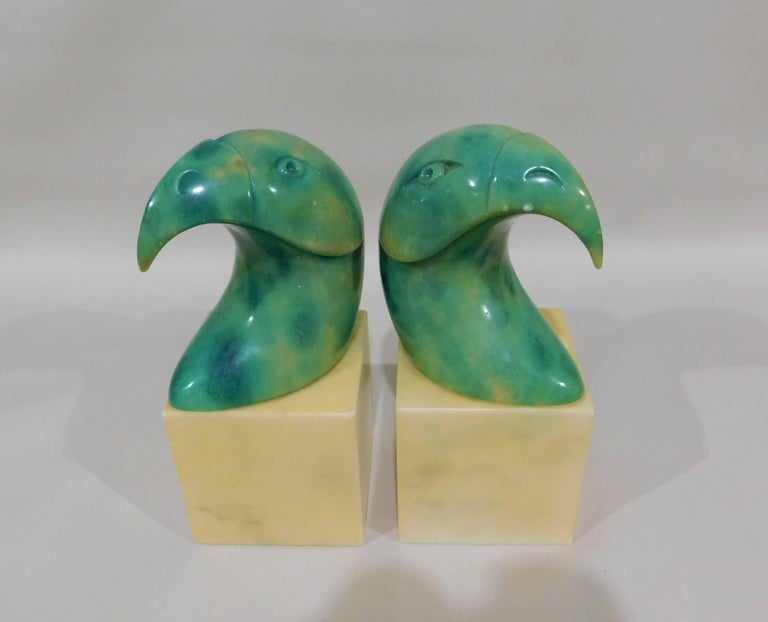 Pair of Italian Tinted Green Alabaster Puffin Bookends at 1stDibs