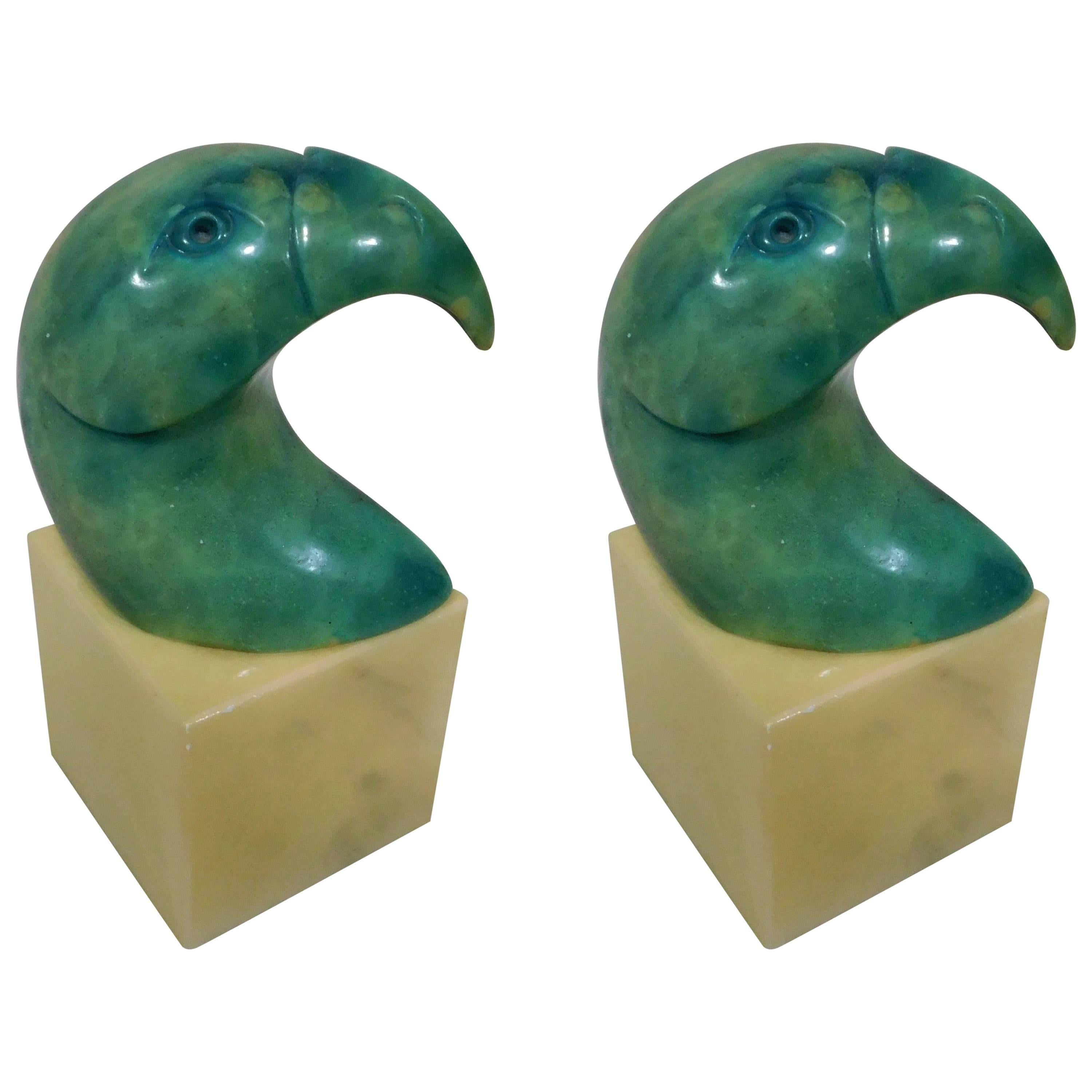 Pair of Italian Tinted Green Alabaster Puffin Bookends at 1stDibs