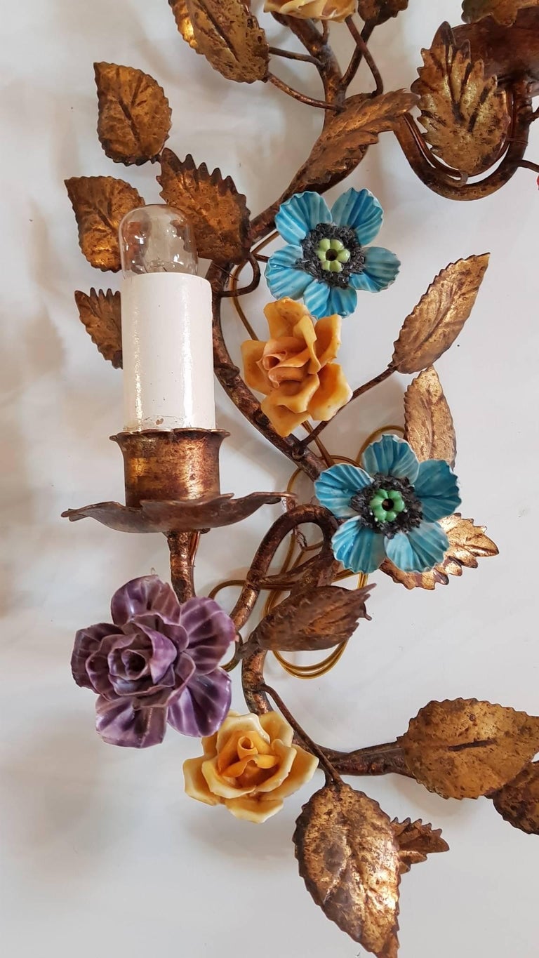 Pair of Italian Tole and Flower Wall Sconces, 1950s at 1stDibs