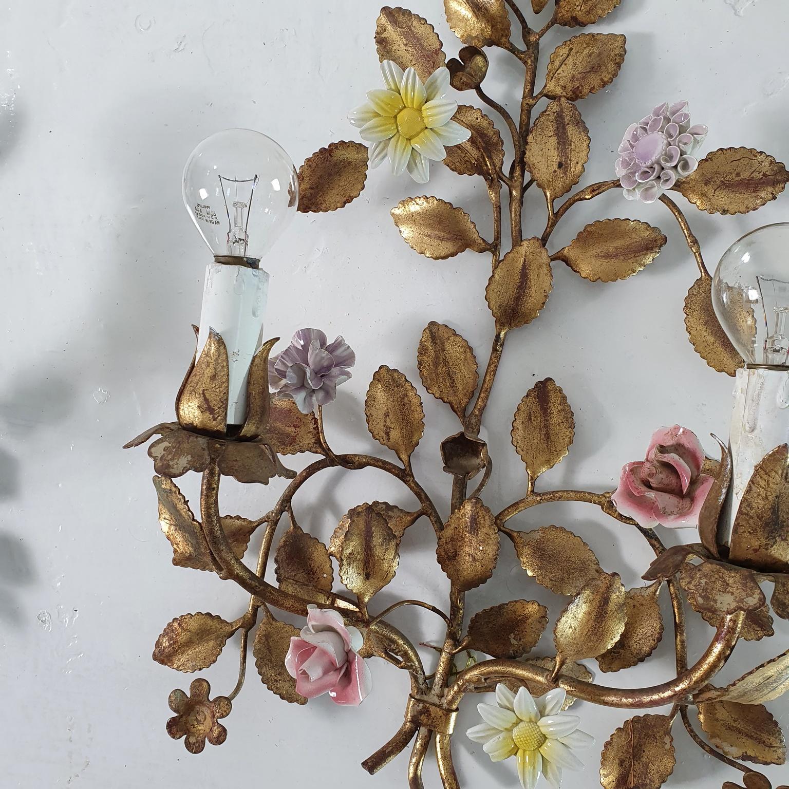 Pair of Italian Tole and Flower Wall Sconces, 1950s For Sale at 1stDibs