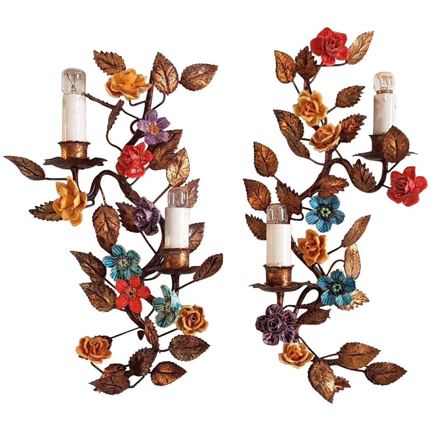 Pair of Italian Tole and Flower Wall Sconces, 1950s at 1stDibs