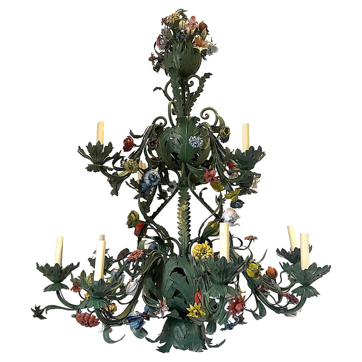 Pair of Italian Tole Chandeliers with Floral Motif, Sold Individually ...