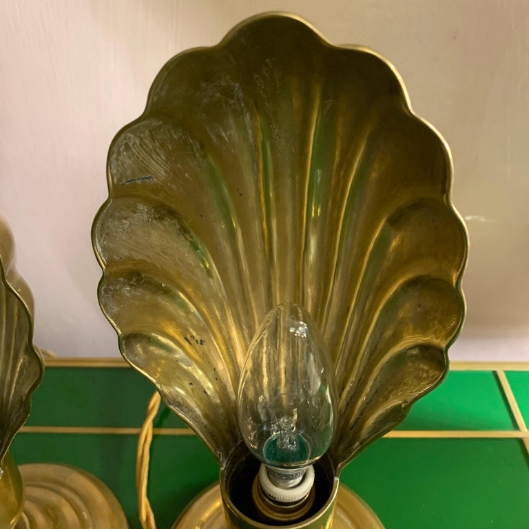 Pair of Italian Vintage Brass Clam Shell Nightstand Lamps, 1950s at 1stDibs