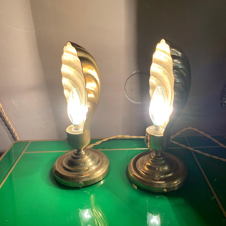 Pair of Italian Vintage Brass Clam Shell Nightstand Lamps, 1950s at 1stDibs