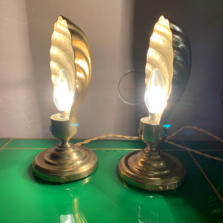 Pair of Italian Vintage Brass Clam Shell Nightstand Lamps, 1950s at 1stDibs
