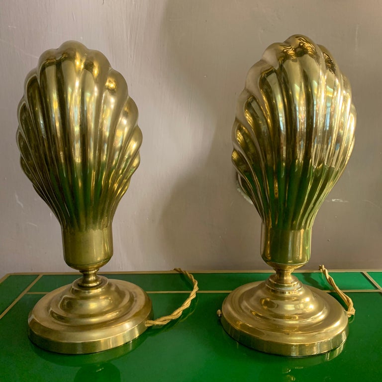 Pair of Italian Vintage Brass Clam Shell Nightstand Lamps, 1950s at 1stDibs