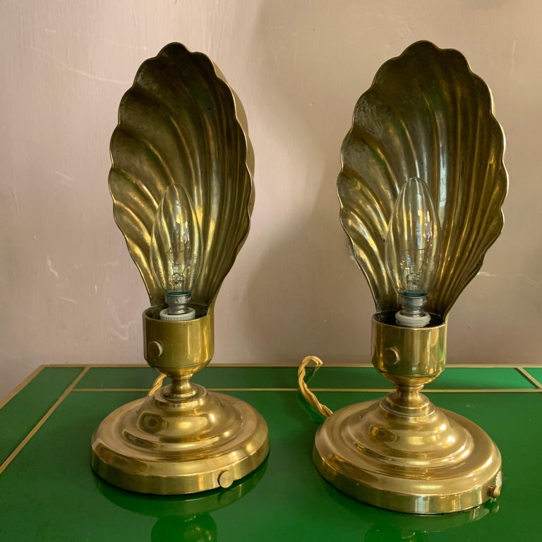 Pair of Italian Vintage Brass Clam Shell Nightstand Lamps, 1950s at 1stDibs
