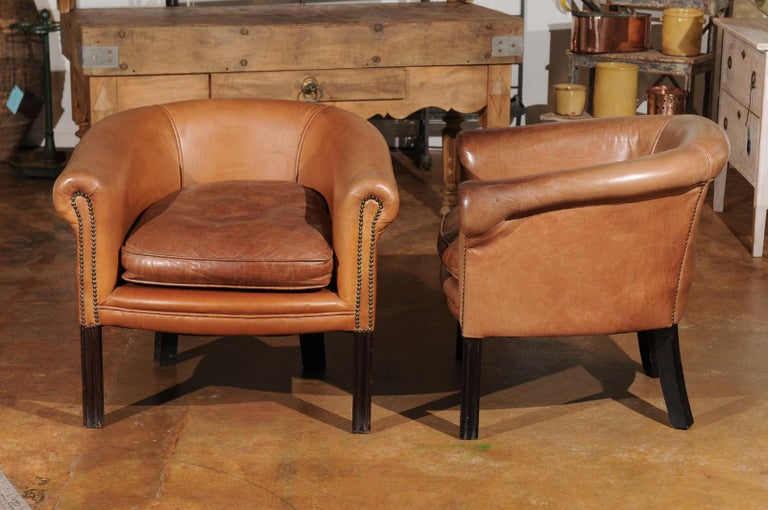 Pair of Italian Vintage Caramel Leather Club Chairs with Cushion and ...