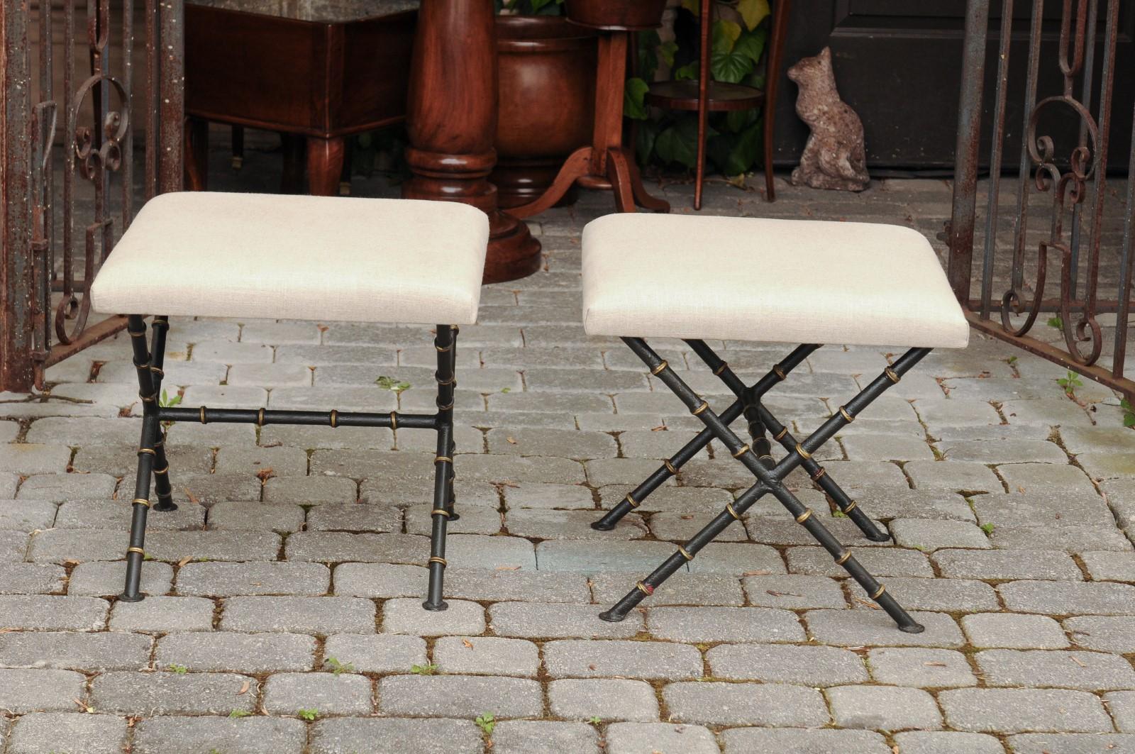 Pair of Italian Vintage Iron Stools with X-Form Faux-Bamboo Base, circa ...