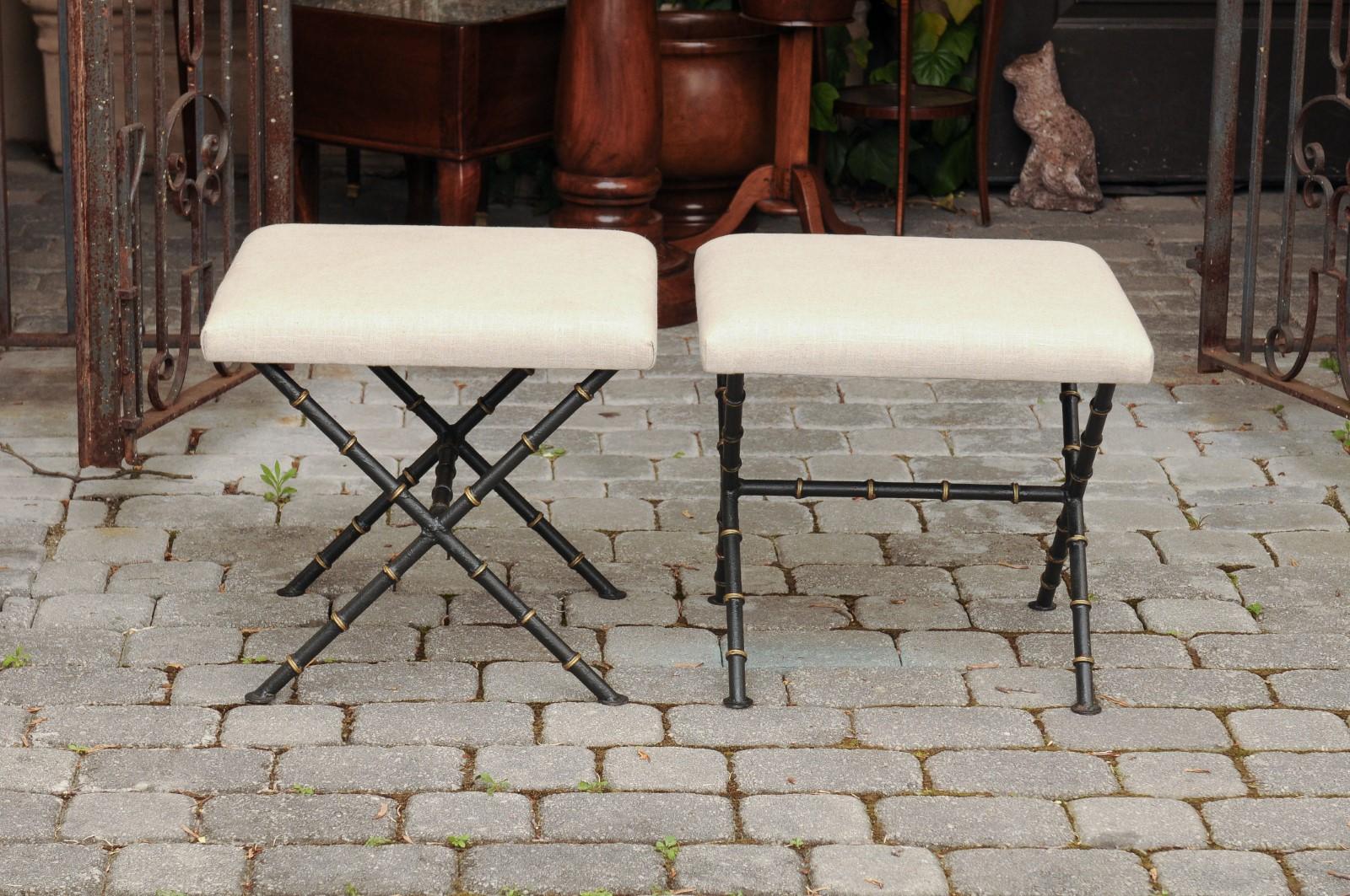 Pair of Italian Vintage Iron Stools with X-Form Faux-Bamboo Base, circa ...