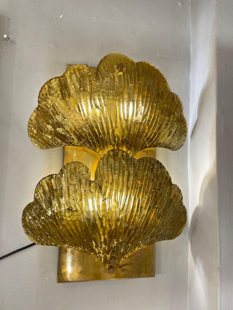 Pair of Italian Wall Ginkgo Lamps in Murano Glass on Brass, 1980 For ...