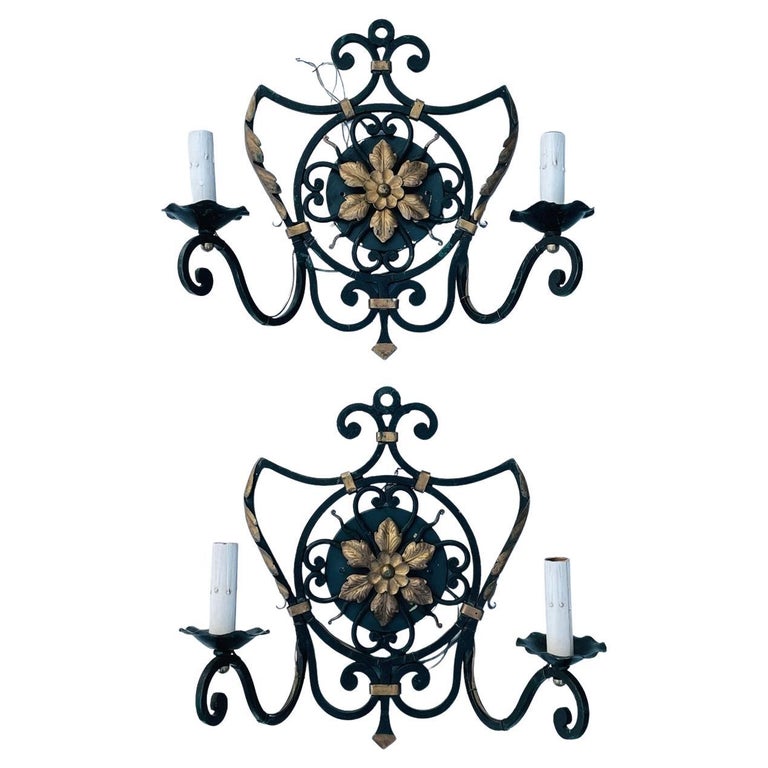Pair of Italian Wall Sconces with Metal Gilt Accents For Sale at 1stDibs