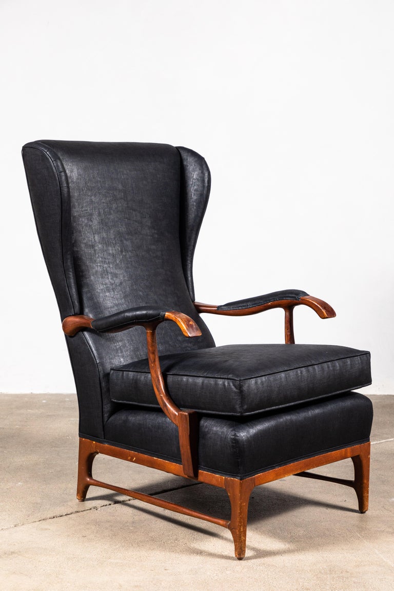 Pair of Italian Wingback Chairs in Black Beetled Linen at 1stDibs