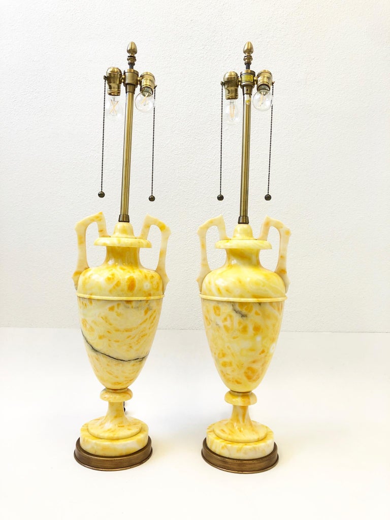 Pair of Italian Yellow Marble and Brass Table Lamps by Marbro Lamp Co ...