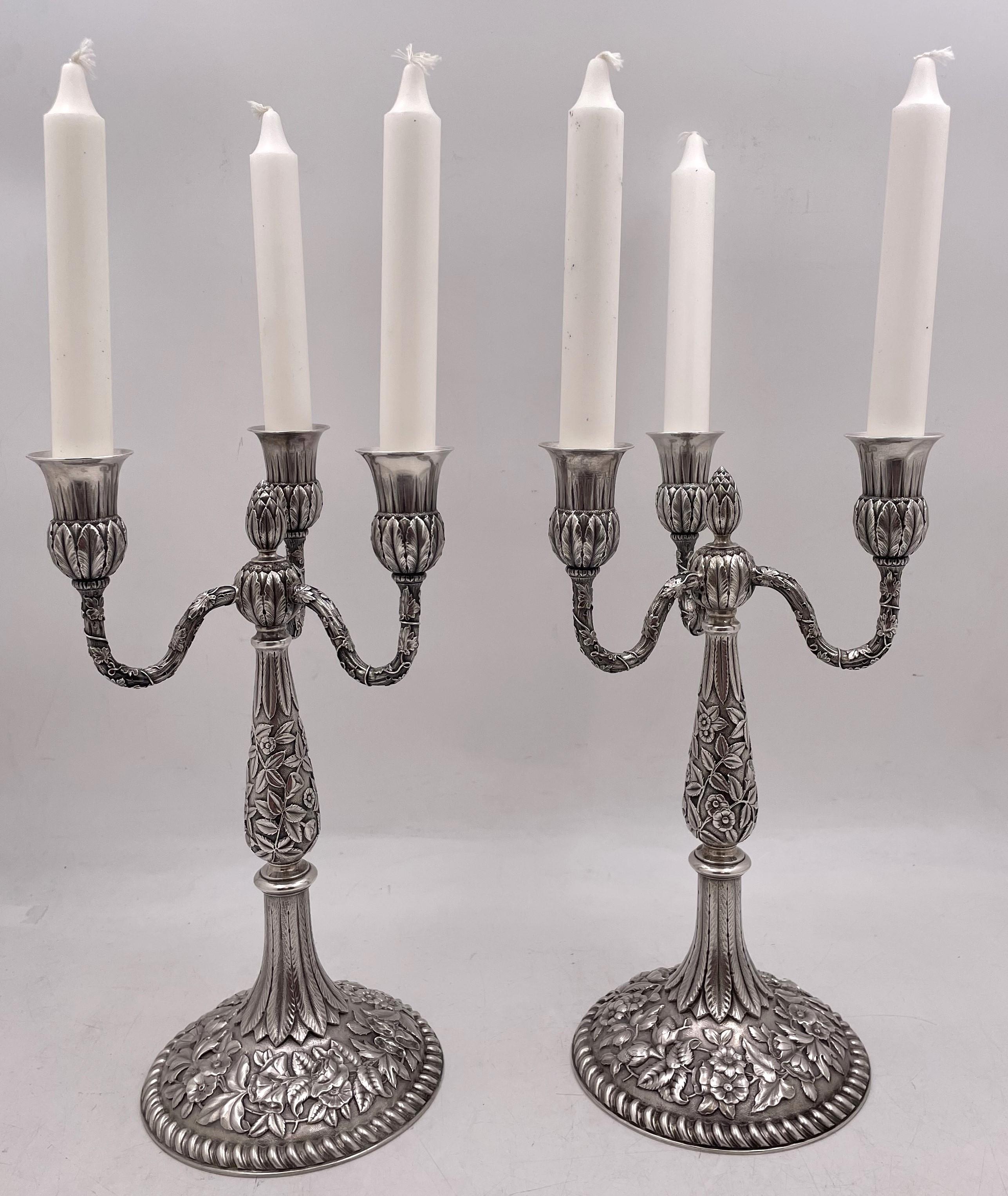 Pair of J. E. Caldwell Sterling Silver 3-Light Repousse Candelabra Late ...
