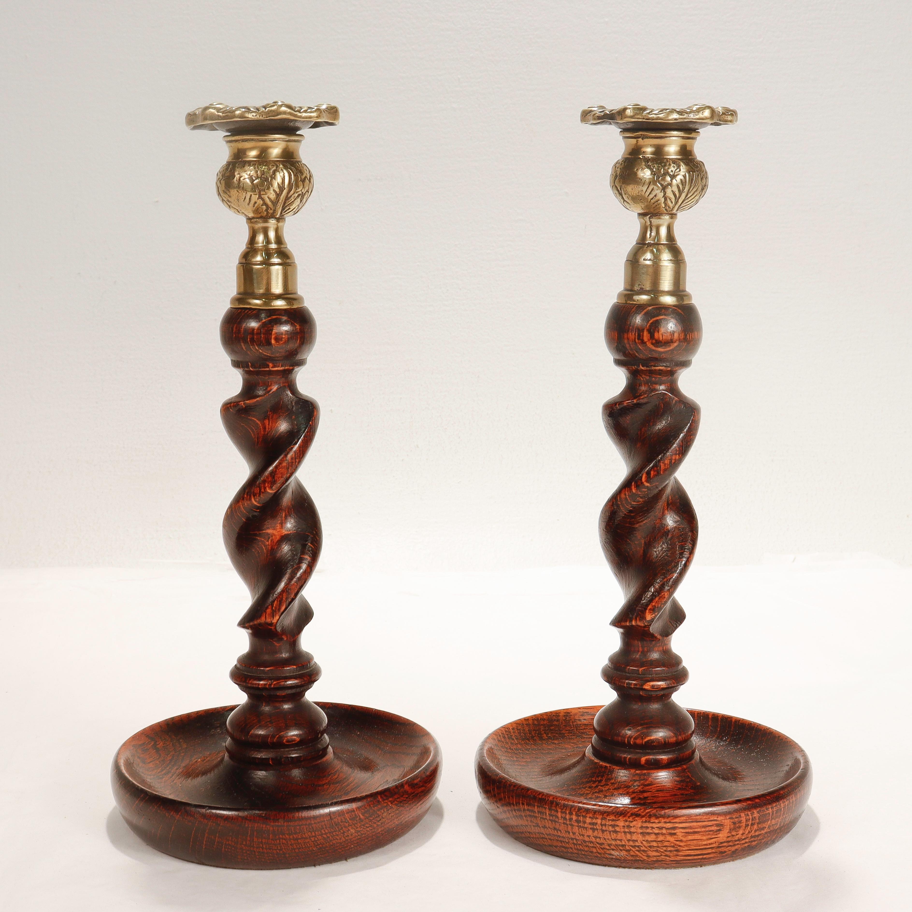 Pair of Jacobean Style Barley Twist Brass Topped Candlesticks at 1stDibs