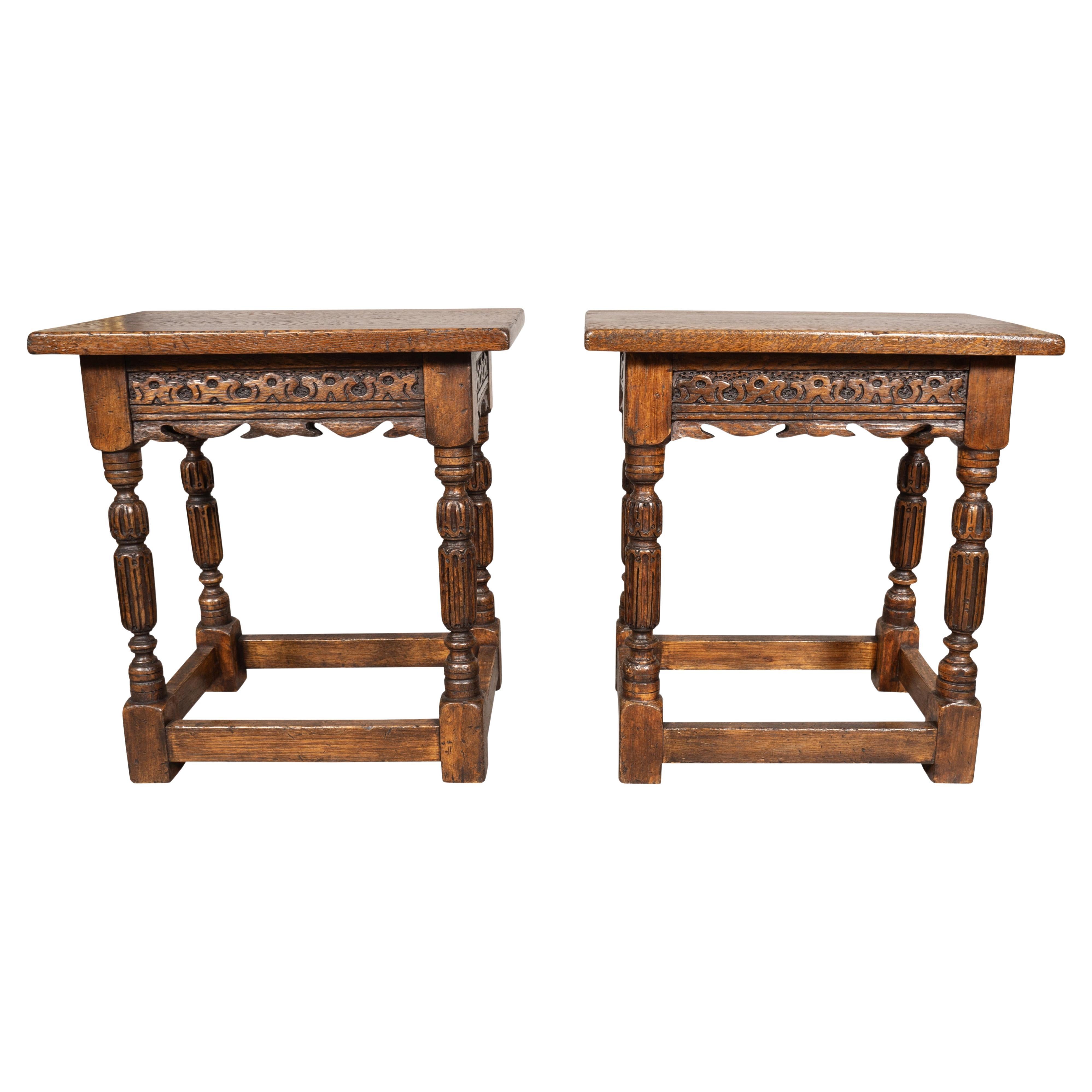 Pair Of Jacobean Style Oak Stools For Sale at 1stDibs