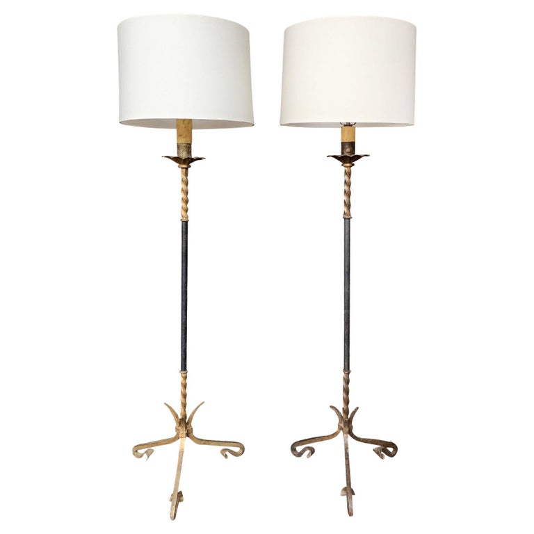 Pair of Jacques Adnet-Inspired Iron and Leather Floor Lamps by Ferro ...