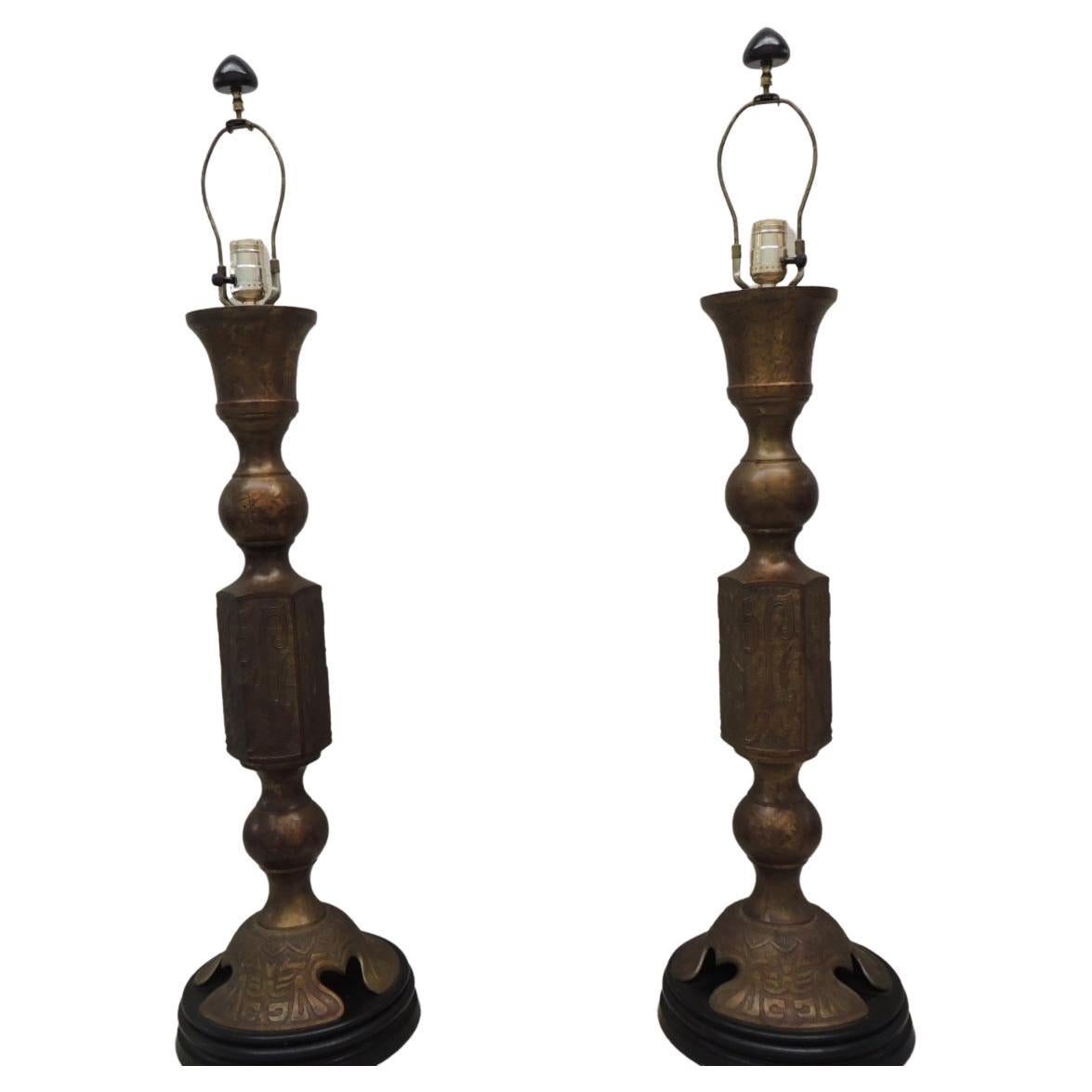 Pair of James Mont Large Brass Table Lamps on Wood Base For Sale at 1stDibs