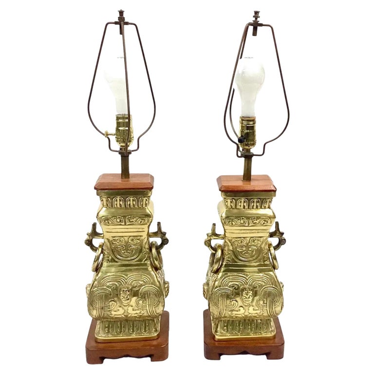 Pair of James Mont Style Brass Chinoiserie Lamps For Sale at 1stDibs